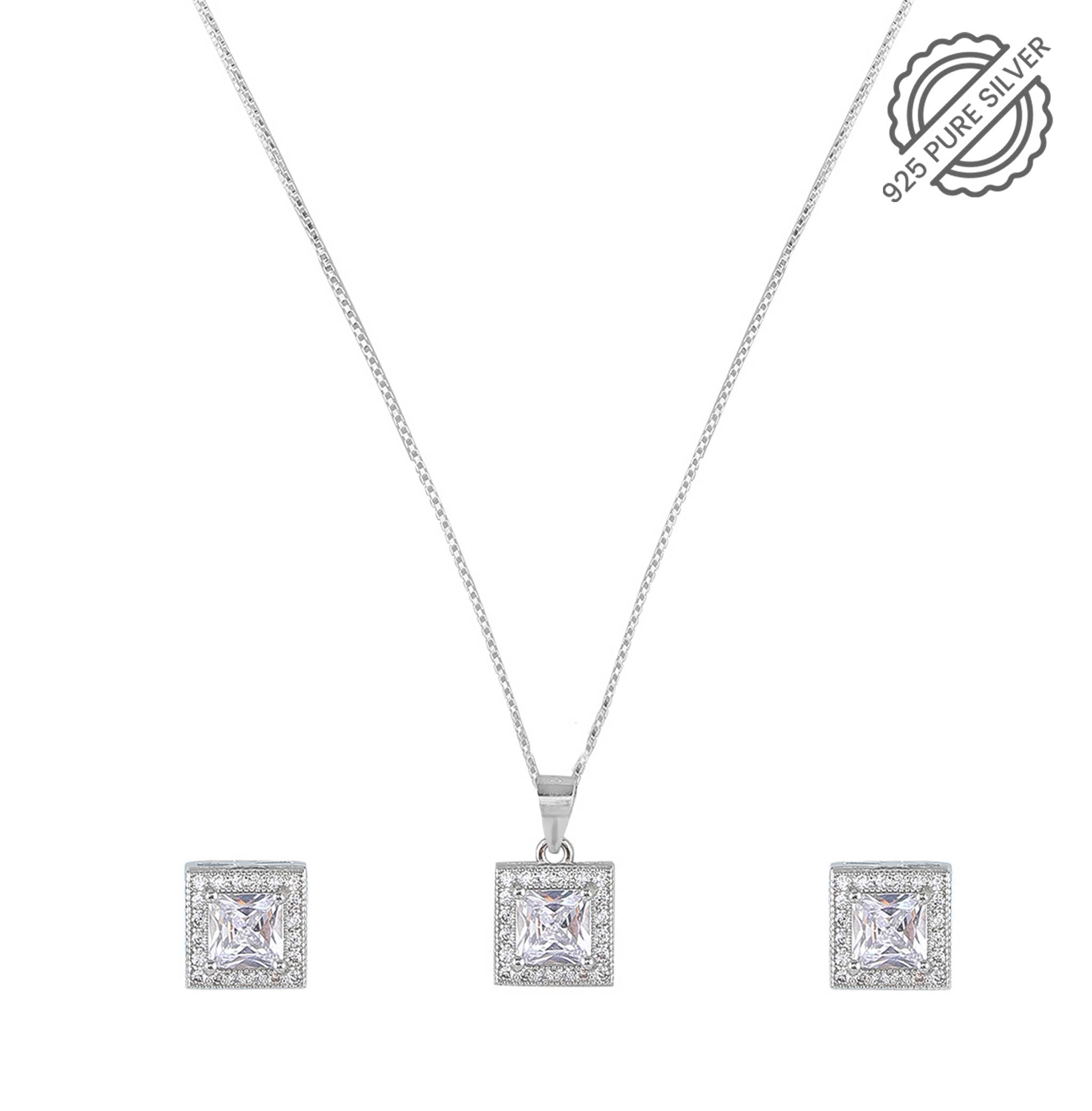 Pure 925 Silver Square Necklace Set with Chain and Earring – misshighness