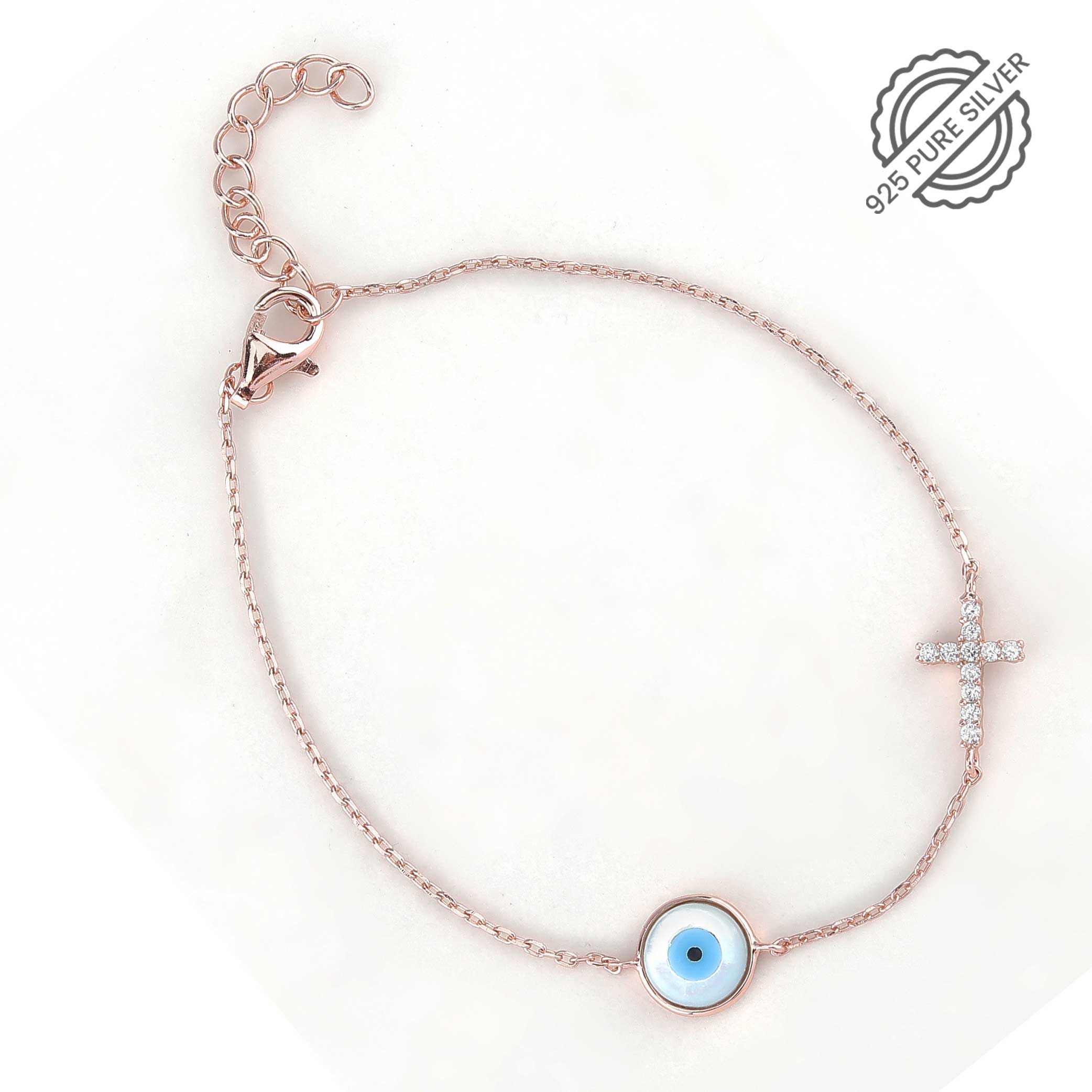 Evil Eye Rose Gold Plated Silver Bracelet with Cross – misshighness